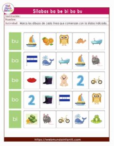 Ejercicios para aprender las sílabas ba be bi bo bu para niños