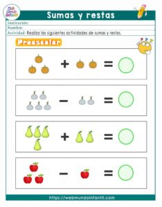 Actividades de sumas y restas para preescolar