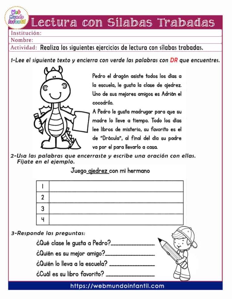 Ejercicios de lectoescritura con silabas trabadas para imprimir