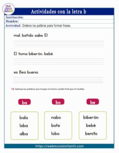 Actividades de lectoescritura con la letra b para niños