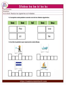 Ejercicios para aprender las sílabas ba be bi bo bu para niños