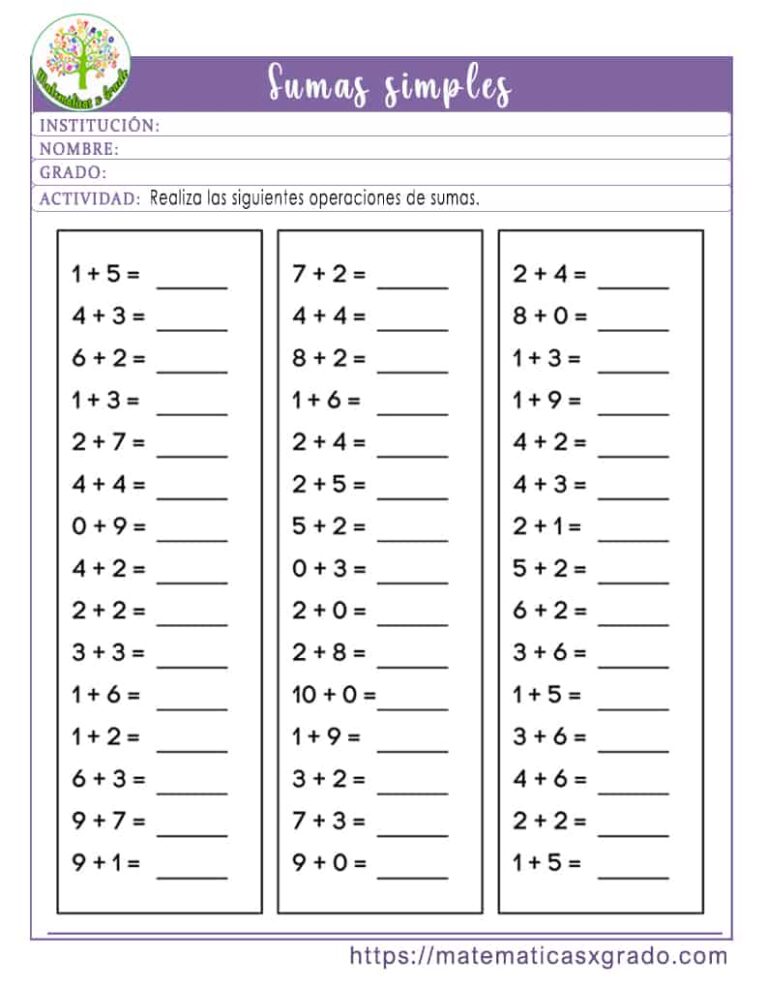 Actividades de sumas para primer grado para imprimir