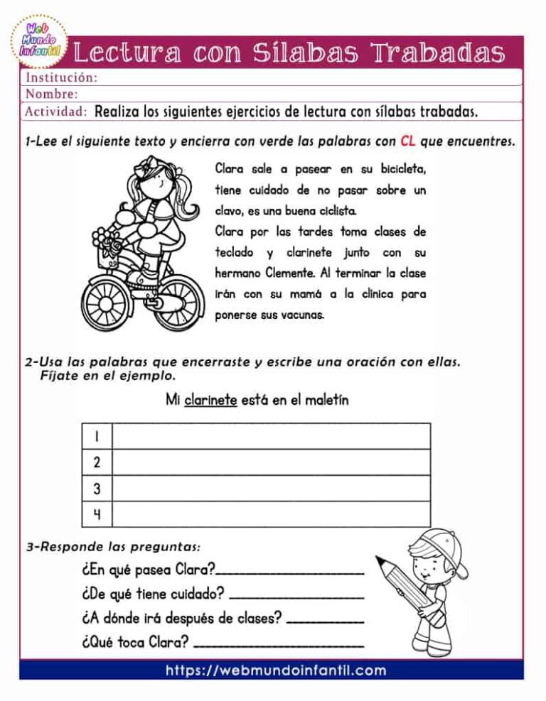 Ejercicios de lectoescritura con silabas trabadas para imprimir