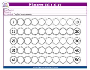 Números del 1 al 50 para niños de preescolar imprimibles