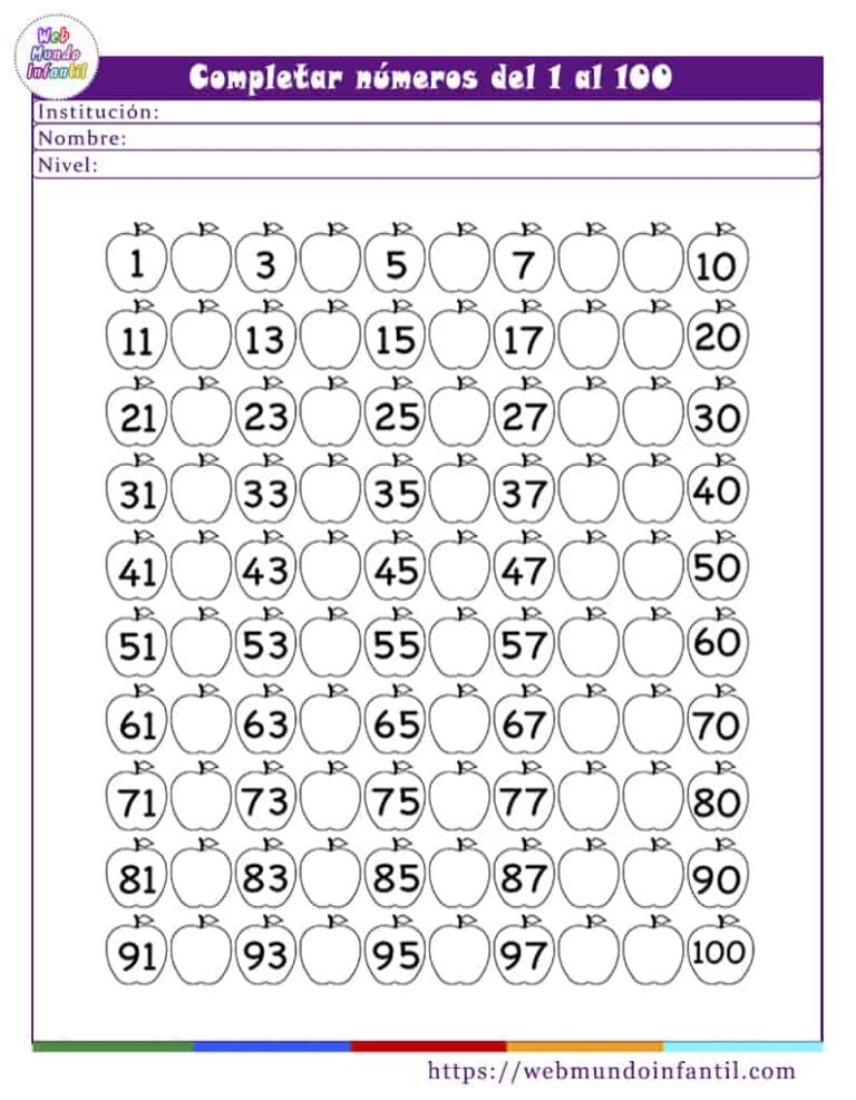 Completar números del 1 al 100 para imprimir