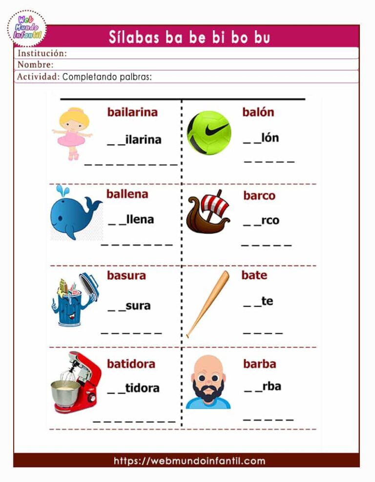 Ejercicios para aprender las sílabas ba be bi bo bu para niños