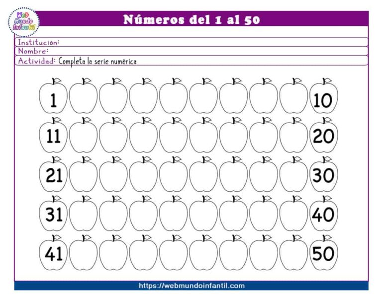 Números del 1 al 50 para niños de preescolar imprimibles