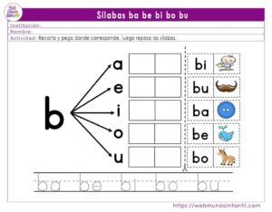 Ejercicios para aprender las sílabas ba be bi bo bu para niños
