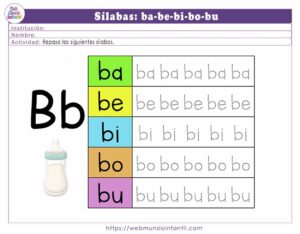 Ejercicios para aprender las sílabas ba be bi bo bu para niños