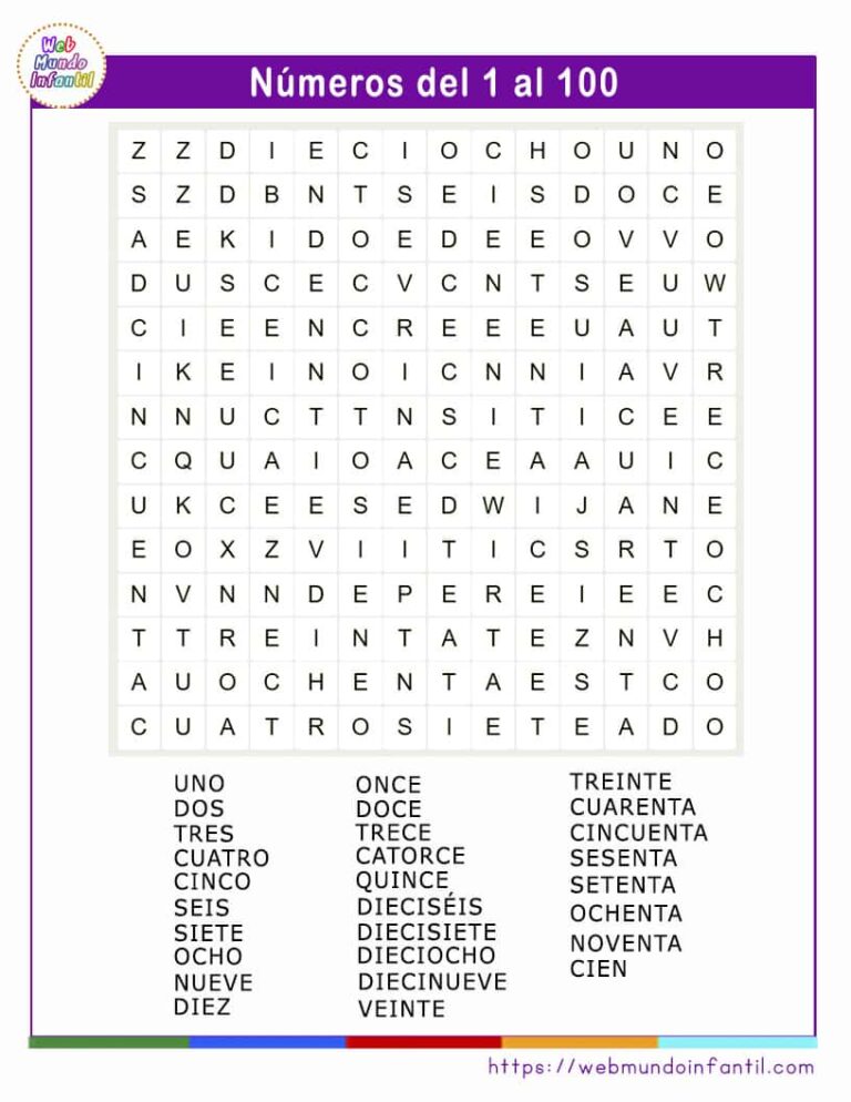 Ejercicio de sopa de letras: Practica con números 1-100